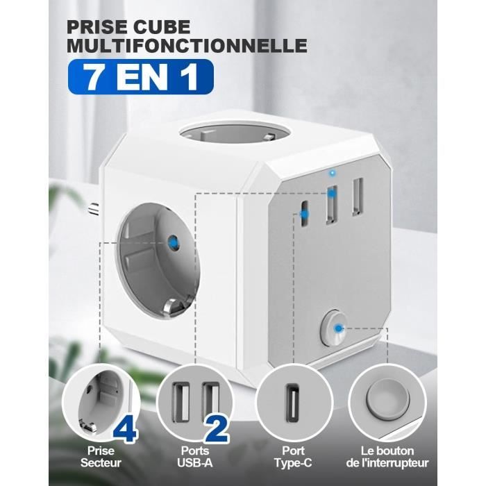 Multiprise Prise Cube, Multiprise Murale avec Interrupteur 7 en 1, avec 4 Sorties AC 2 Ports USB ...