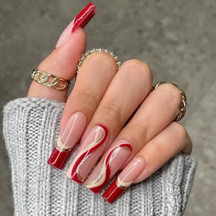 Faux Ongles Et Accessoires - Brishow Rouges Longs Faux Ongles Lignes ...