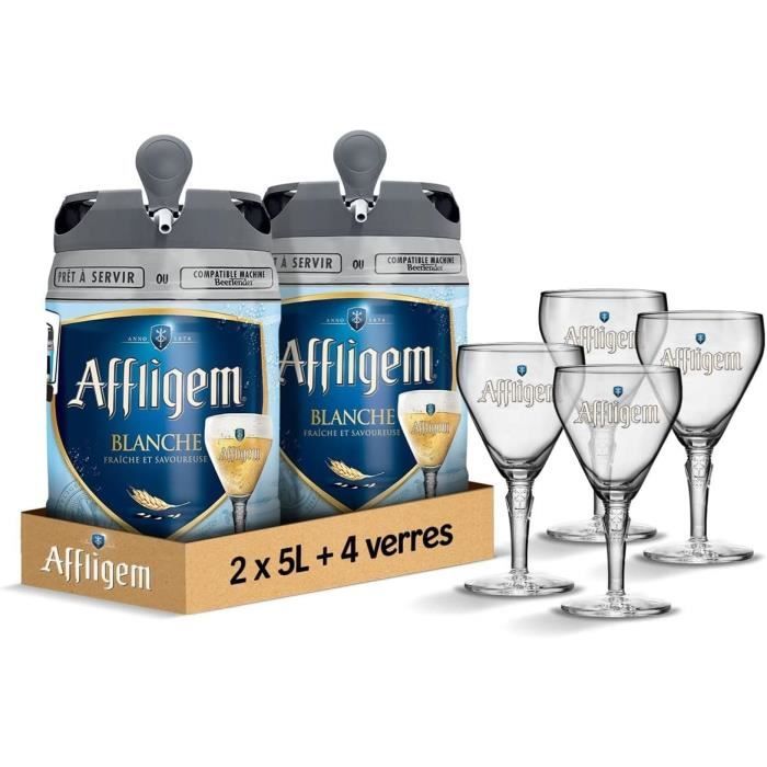 Affligem - Pack de 2 Fûts 5L + 4 Verres - Bière d'Abbaye Affligem Blanche 4,8° - Compatible ...