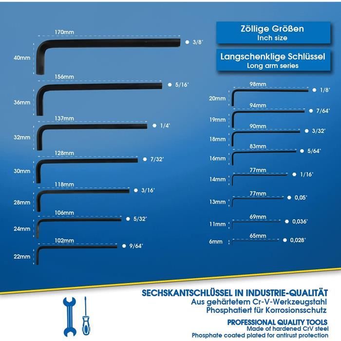 Clés Allen Jeu 30 Clés Males hexagonales en pouce et métrique 0,7 à 10 ...