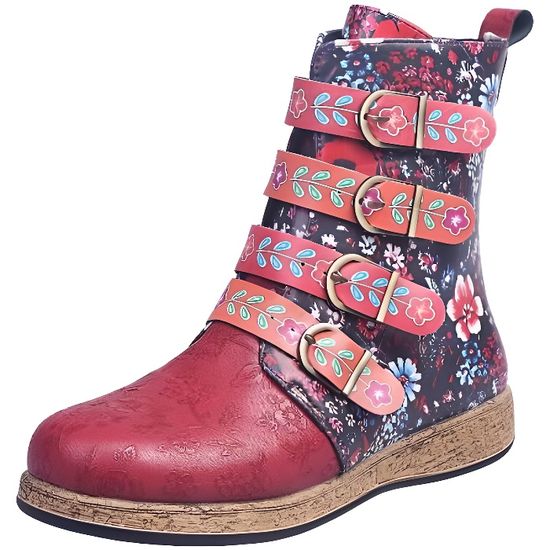 Bottines plates d'automne et d'hiver pour femmes en cuir rouge avec ...