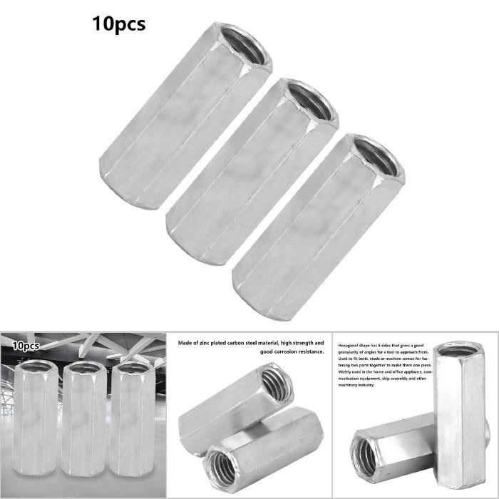 Ecrou long hexagonal M8 X 28 - DIOCHE - Lot de 10 - Acier au carbone zingué - Outil de fixation ...