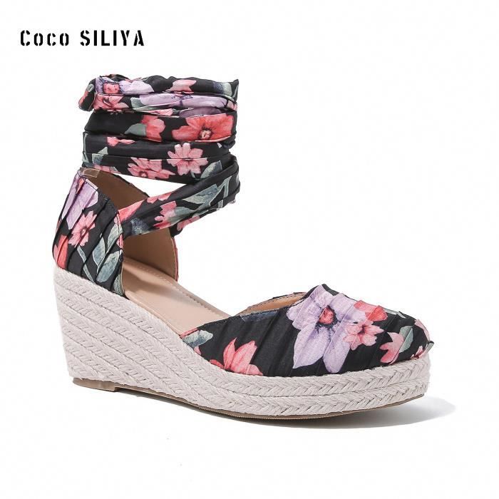 Sandales Femme - KJEHOME - Pente Talon Semelle Epaisse - Tissu Floral ...