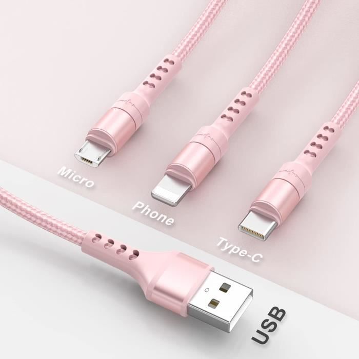 Câble Multi USB, 3 en 1 Câble Universel 1.2M Multi USB Câble de Chargement en Nylon avec Micro ...