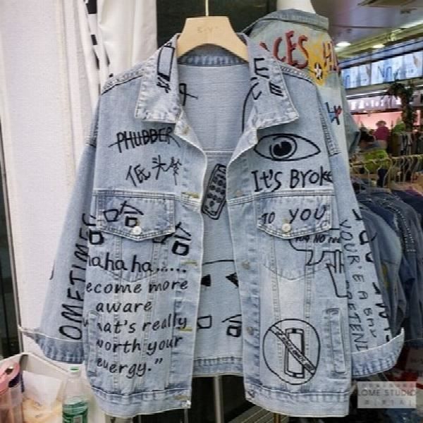CRAZE Jeans Veste Femmes Streetwear Graffiti Broderie Denim Veste Poche ...