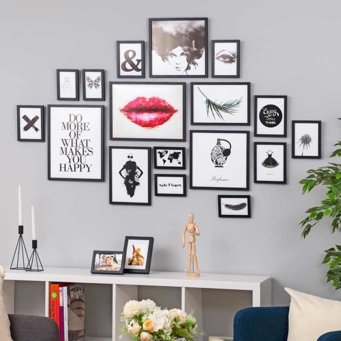 PHOTOLINI Lot de 17 cadres Moderne Noir en MDF avec vitre en acrylique ...