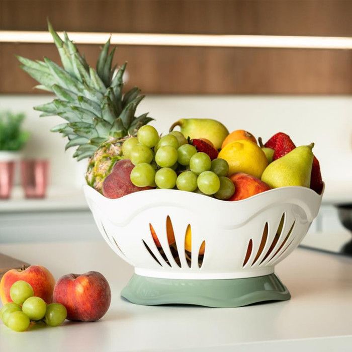 Corbeille à fruits "Folia" en plastique - Blanc/Vert - D 29,5 x H 14 cm ...