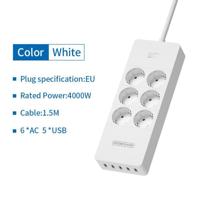 AC 5 USB White Ue Plug-NTONPOWER – multiprise, rallonge ue, protection ...