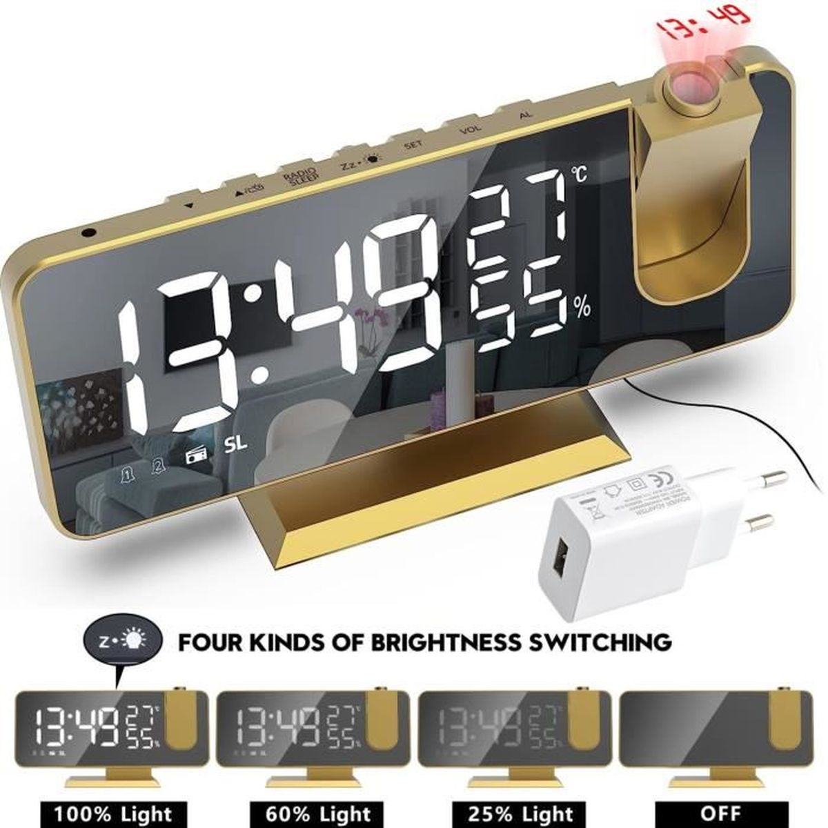 Radio Reveil Projection Plafond, 180° Projecteur Réveil Radio avec ...