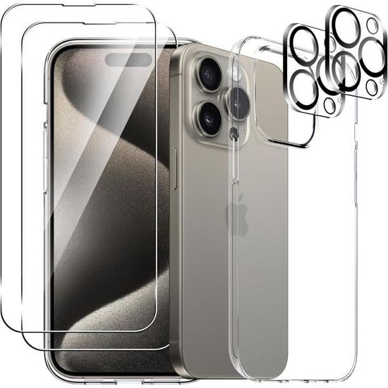 Coque Silicone Transparente - MARQUE - iPhone 15 Pro Max - 2 Vitres Verre Trempé - Protection ...
