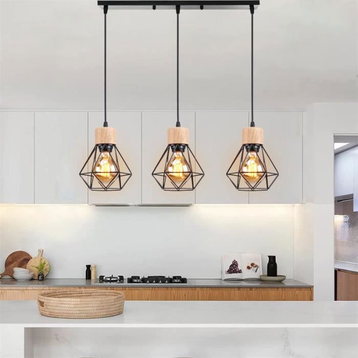 MOGOD Lustre Longue Perche Noir 3 Lampes Suspension Cage en Bois Métal ...