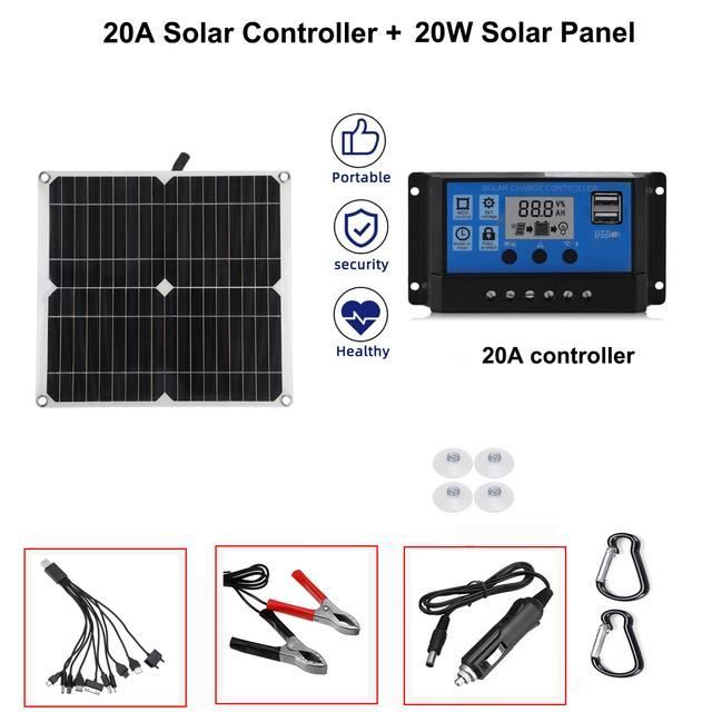 Panneaux solaires,panel with 20A--20w Panneau Solaire Usb 5v Dc 12v Avec Contrôleur 10-20-30a ...