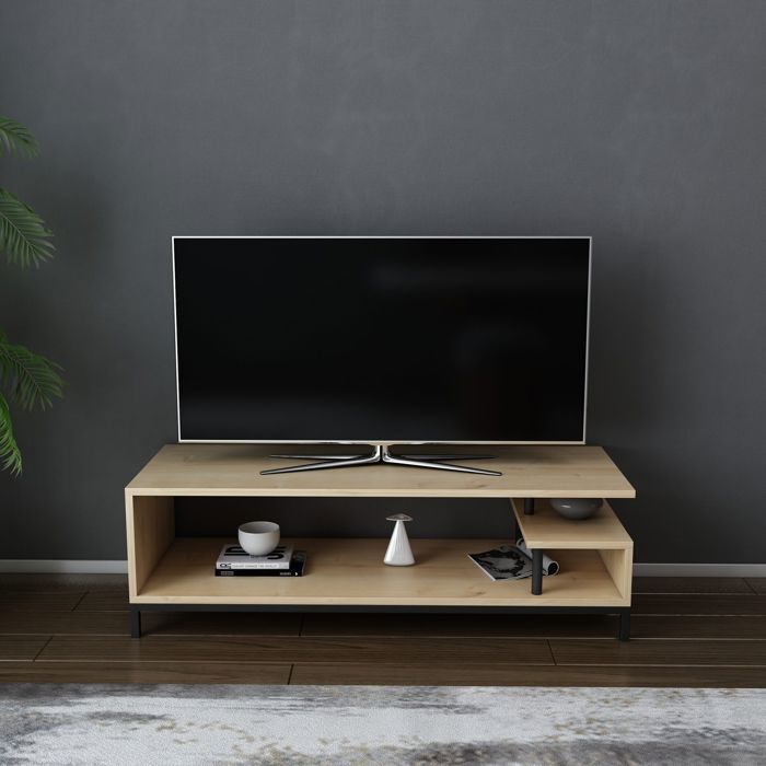Meuble Tv design Kyrisa L120cm Métal Noir et Bois Chêne clair ...