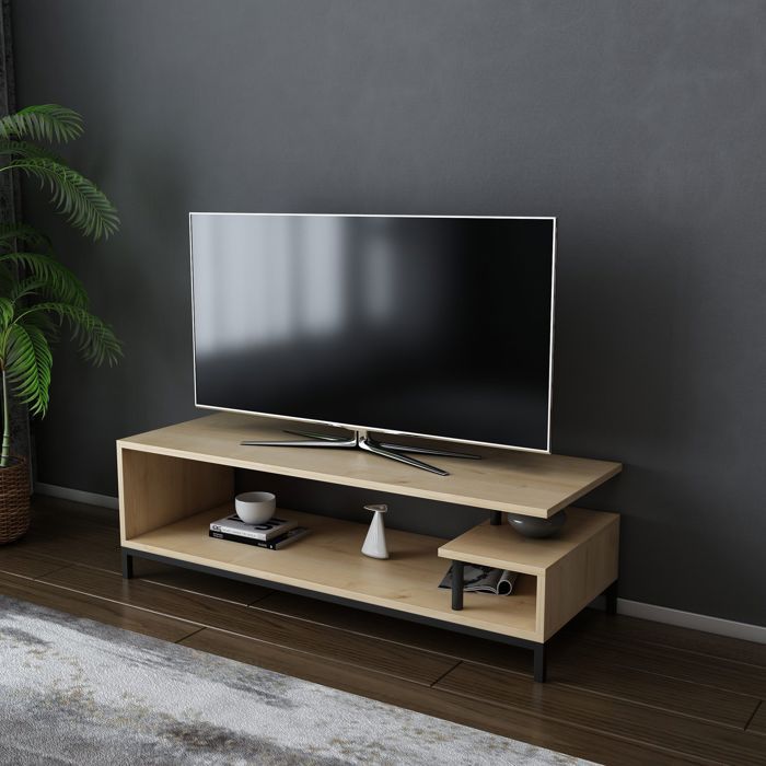 Meuble Tv design Kyrisa L120cm Métal Noir et Bois Chêne clair ...
