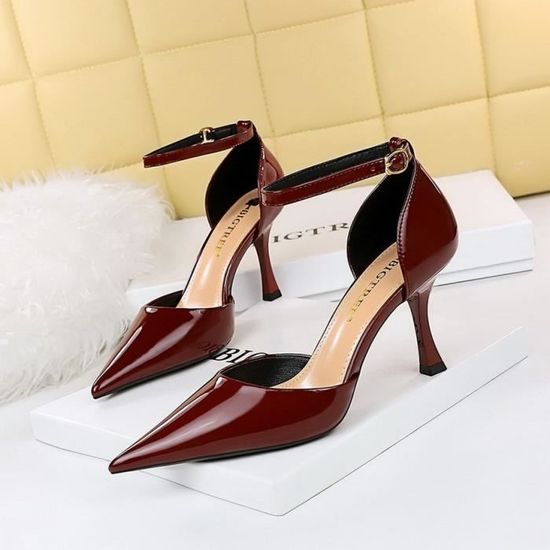 Escarpin Femme - Rouge wine - Talon haut - Bout pointu en cuir verni ...