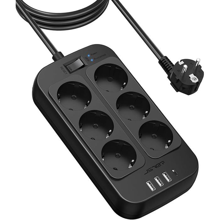 JSVER USB Power Strip Surge Protector, 6 Sockets with 4 USB Ports ...