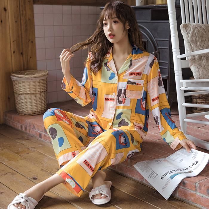 Pyjamas pour femmes,Lisacmvpnel coton Satin imprimé mince pyjama ...