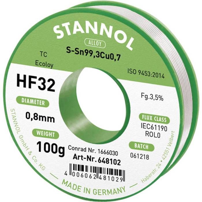 Stannol HF32 3,5% 0,8MM SN99,3CU0,7 CD 100G Étain à souder sans plomb ...