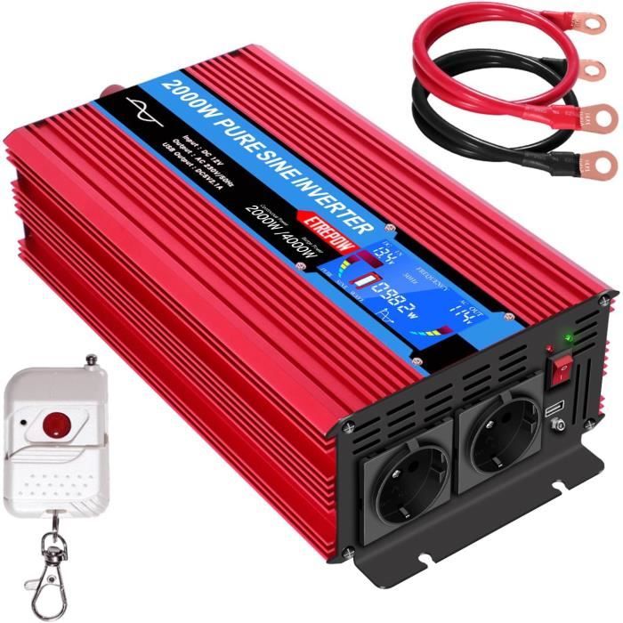 2000W Convertisseur 12V 220V Pur Sinus Onduleur-2 Prises Eu Ac Et 1 Port Usb, Télécommande Et ...