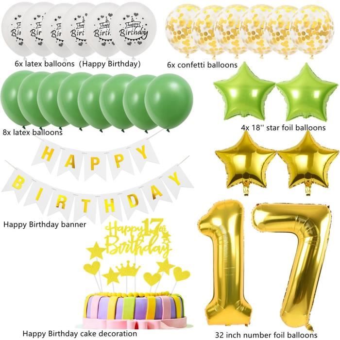 Ballons 17 Anniversaire Garçon Fille Decoration Or Vert, Decoration ...