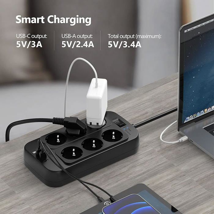 JSVER USB Power Strip Surge Protector, 6 Sockets with 4 USB Ports ...
