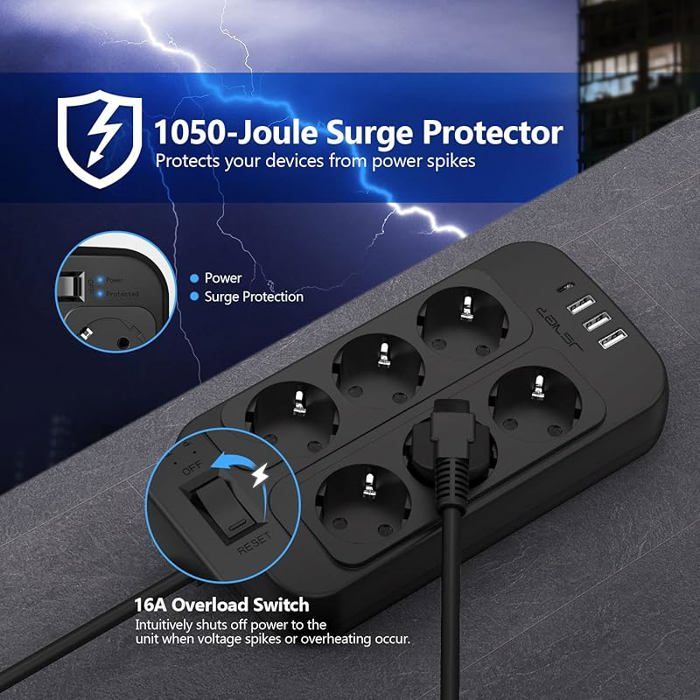 JSVER USB Power Strip Surge Protector, 6 Sockets with 4 USB Ports ...
