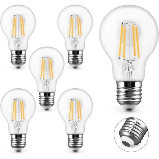 Pack de 6 Ampoules à Filament LED E27 Blanc Chaud 2700K 4W 400LM, A60 Ampoule Edison Vintage ...