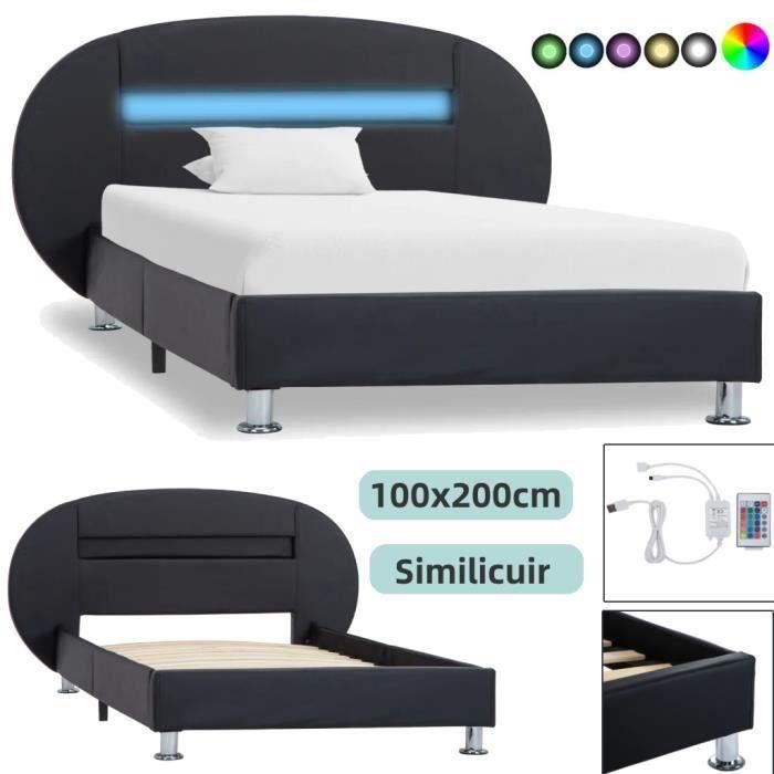 Lit Grand Lit double Cadre de lit avec LED Noir Similicuir 100 x 200 cm ...