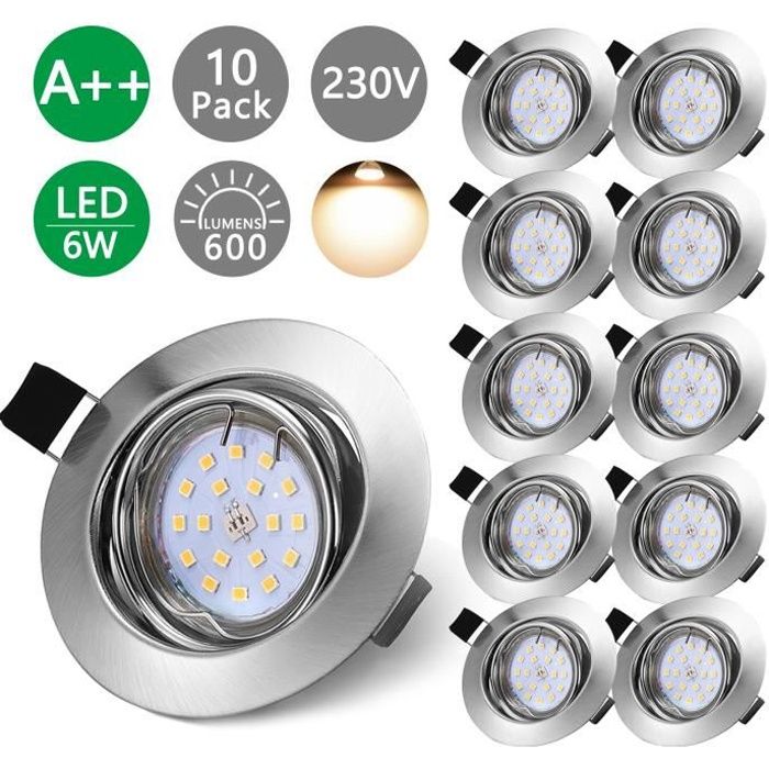 Bojim Lot de 10 Spots LED Encastrables, 10 x 6W GU10 Blanc Chaud 2800K 600lm Eqv.54W, Lampe de ...