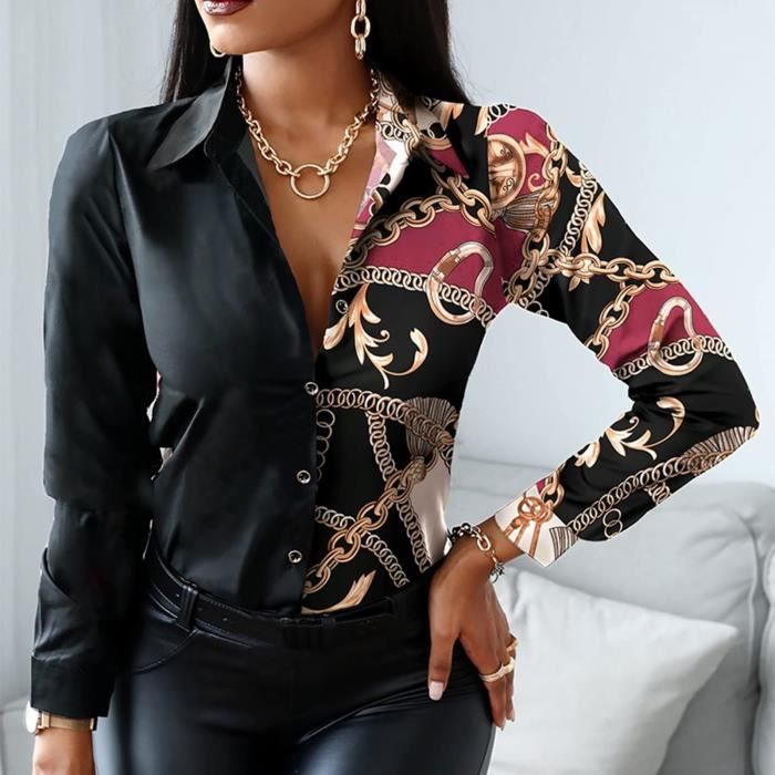 Chemises à manches longues pour femmes boutonnées col en V floral ...