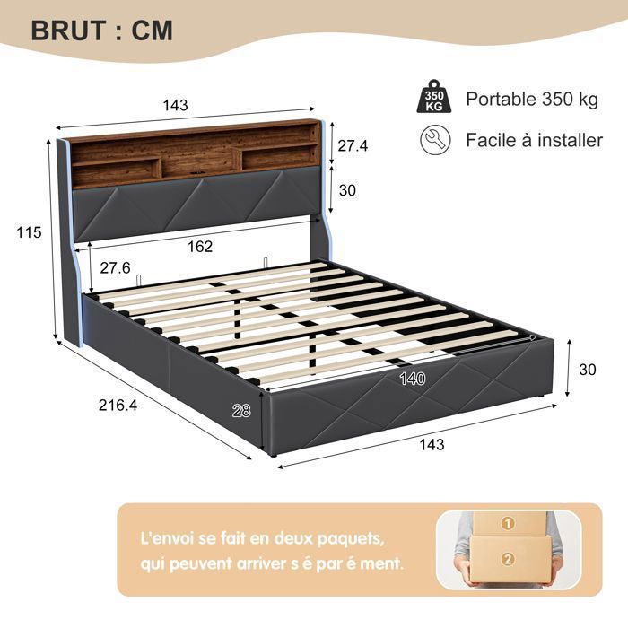 DADEA Lit Capitonné avec USB,Lit Coffre avec Led,Lit Rembourré ...