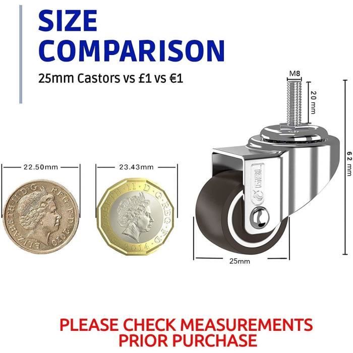 4 Roulettes Pivotantes Tige Fileté M8x20mm Pour Meubles dont 2 avec ...