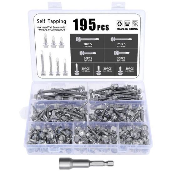 195 Pièces Vis Autoforeuse À Tete Hexagonale, 5,5 X 16-50 Mm Vis Autotaraudeuse Inox Vis ...