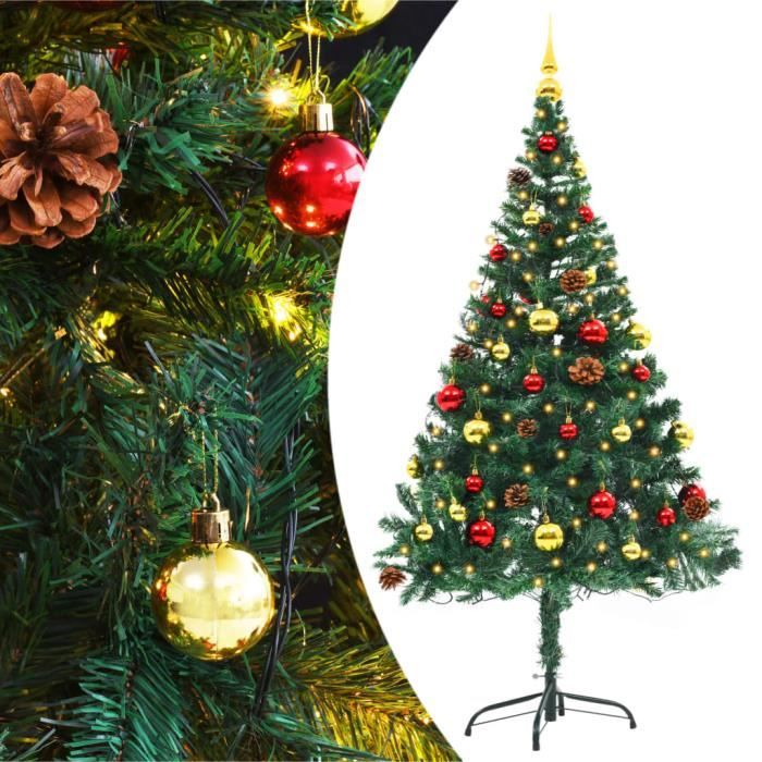 Arbre de Noël artificiel - WU - 150 cm - Vert - Boules dorées et rouges ...