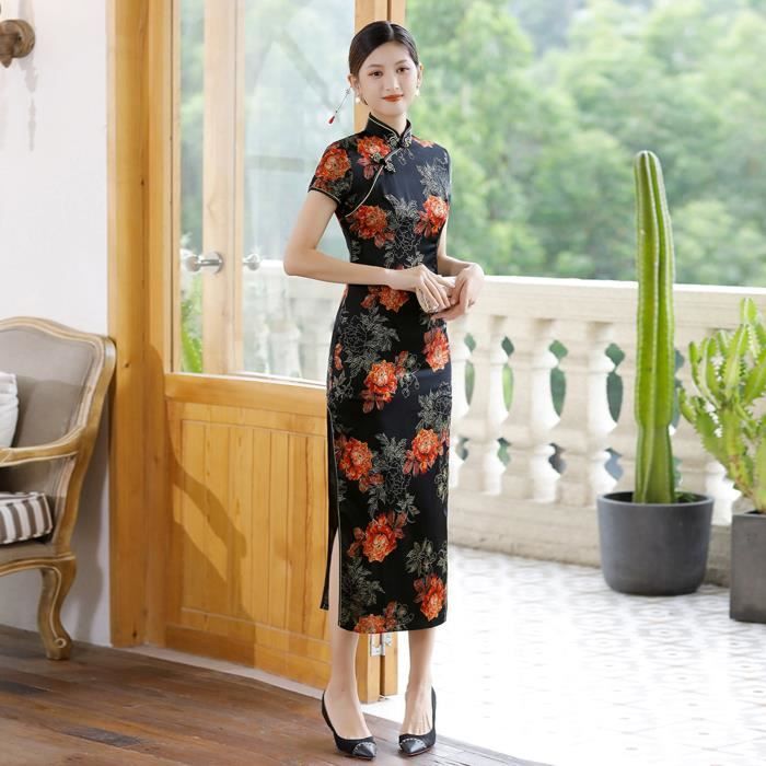Robe Chinoise Cheongsam Qipao Longueur Moyenne Manches Courts pour ...