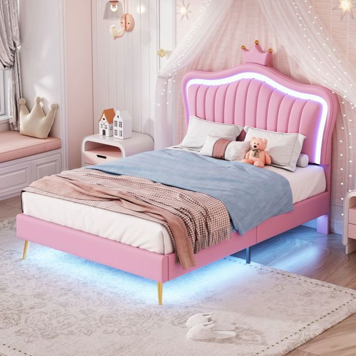 Lit Enfant fille 90x200cm - Cadre double couronne rose cuir PU avec LED ...