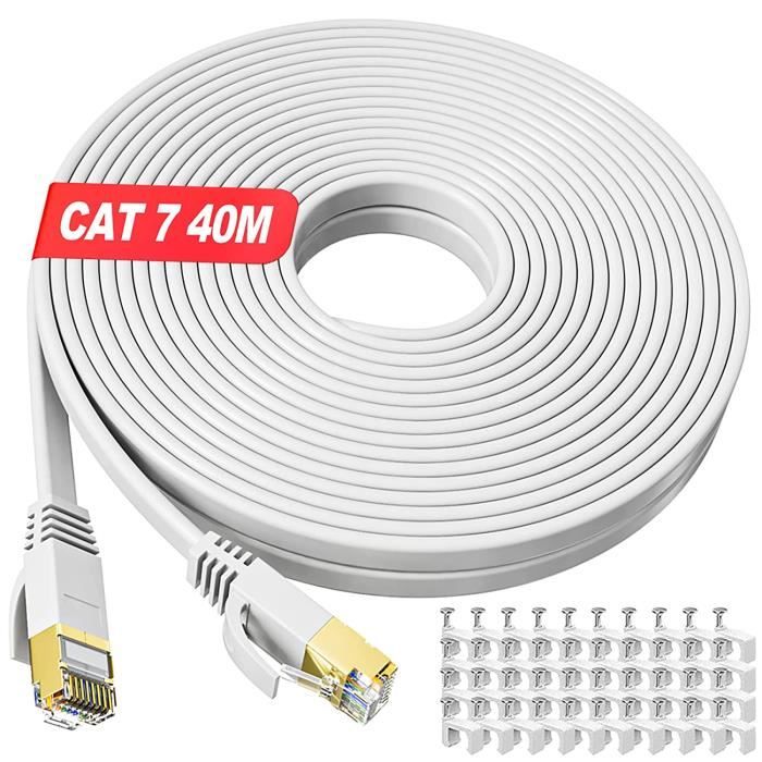Cable Ethernet 40m, RJ45 Câble Réseau 40m Blanc, Cat 7 Gigabit Blindage ...
