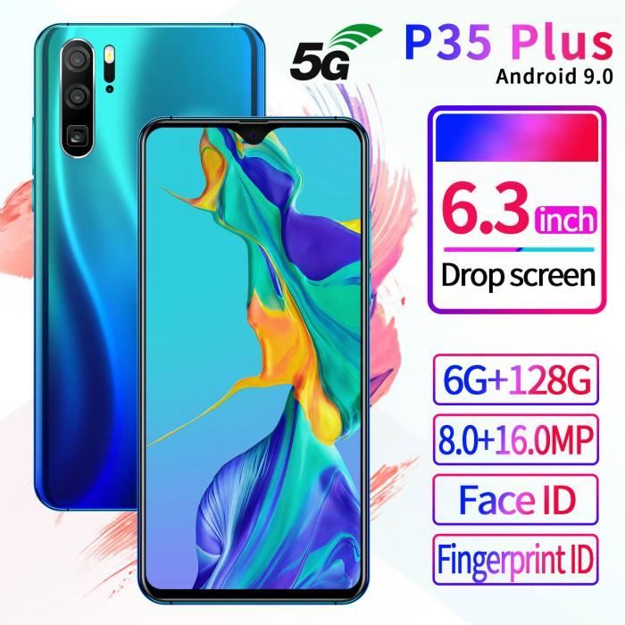 P35 plug 5G Smartphone Android 9.1 6.3 pouces HD + double caméra Ouad ...