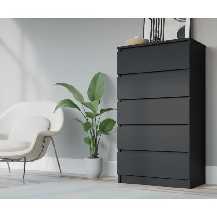 Commode 5 tiroirs 70cm, Couleur: Noir mat, buffet salon, commode ...