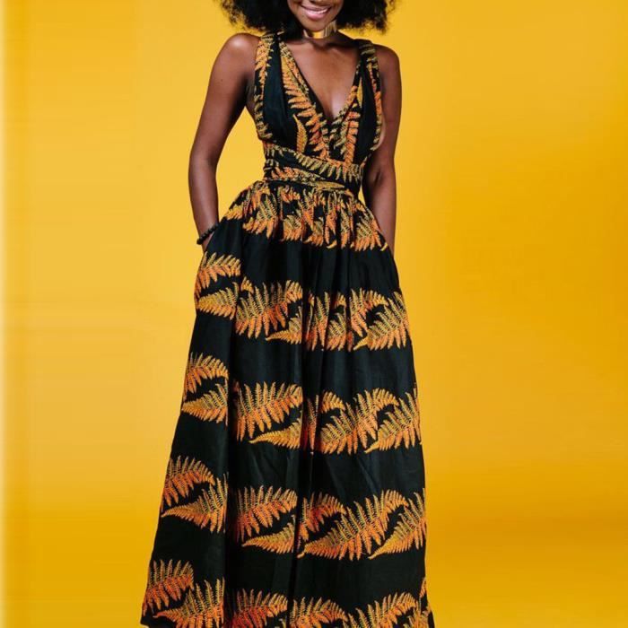 Robe longue sans manches imprimée à col en V pour femme -Noir -S Noir ...