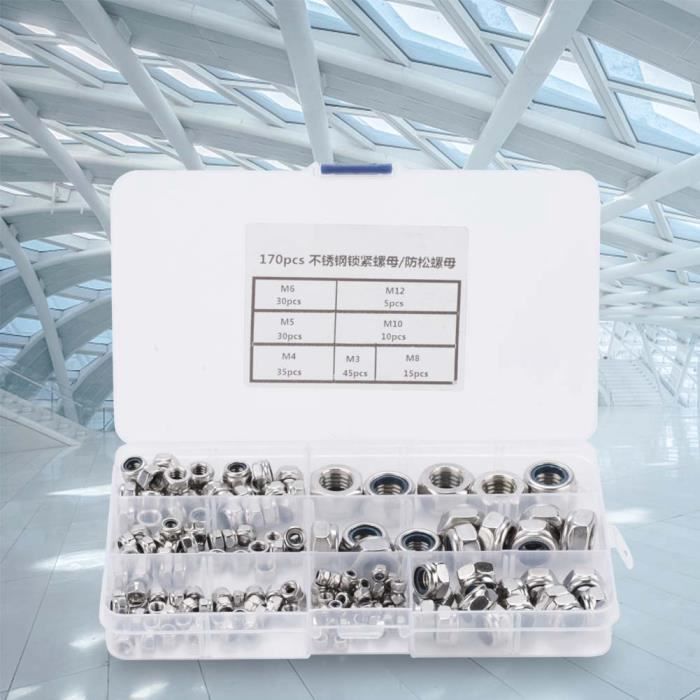 Kit d'assortiment d'écrou de blocage en acier inoxydable de 170 pièces avec insert hexagonal à ...