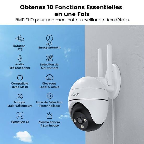 IeGeek 5MP Camera Surveillance WiFi Exterieure, 360° Camera IP, Vision ...