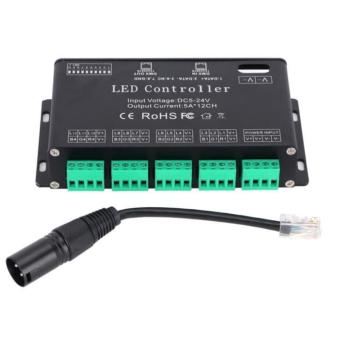 HURRISE Décodeur de contrôleur de LED Décodeur Constant DMX 12 Canaux ...