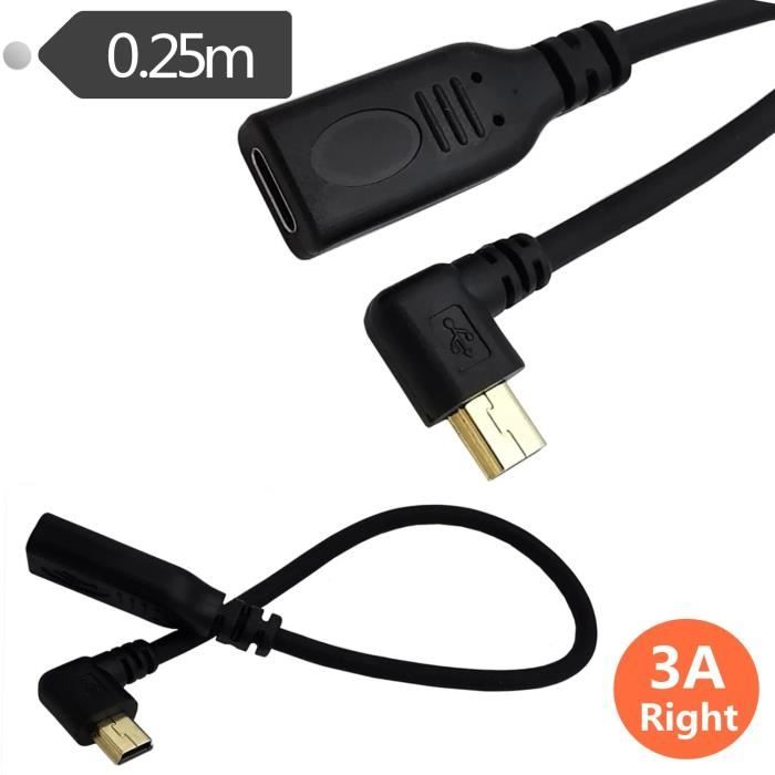 Câble USB 3A plaqué or Type C vers Mini USB,90 degrés USB-C 600 vers ...