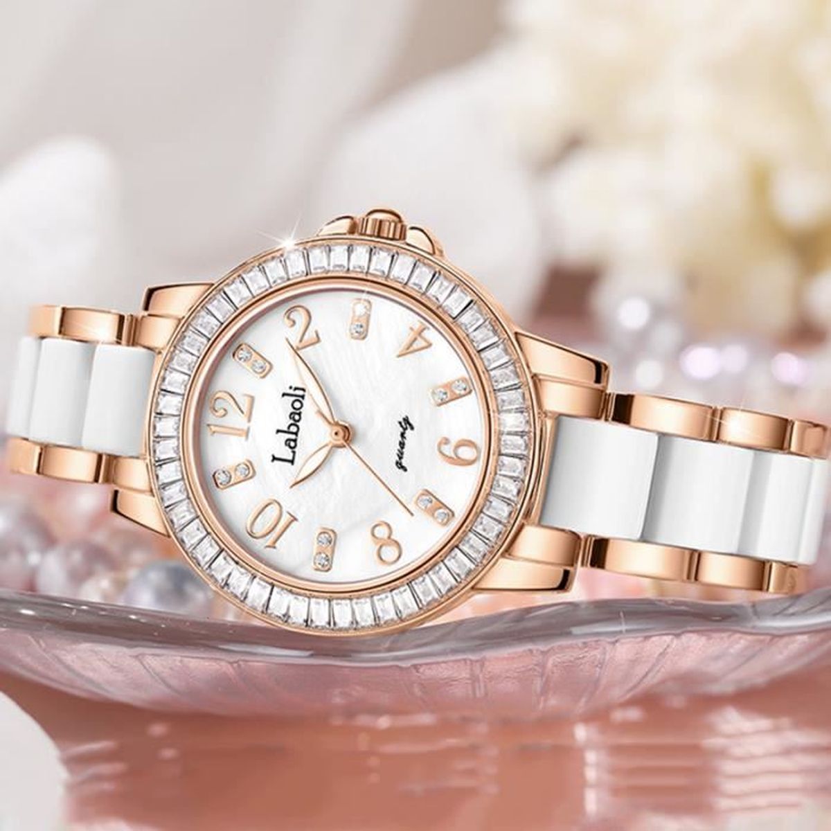 SHARPHY Montre femme quartz diamant mode bracelet en céramique blanc ...