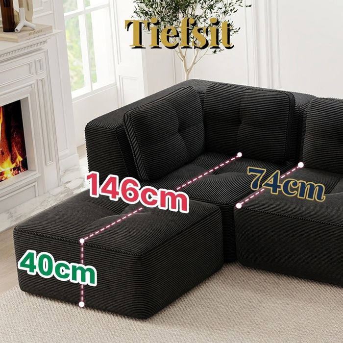 Canapé sectionnel sans armature, angle, cord, 3 places, assise profonde ...
