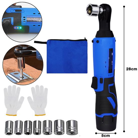 Clé à angle droit à cliquet sans fil 3/8" Outil électrique à Percussion 2 Piles et 7 douilles ...