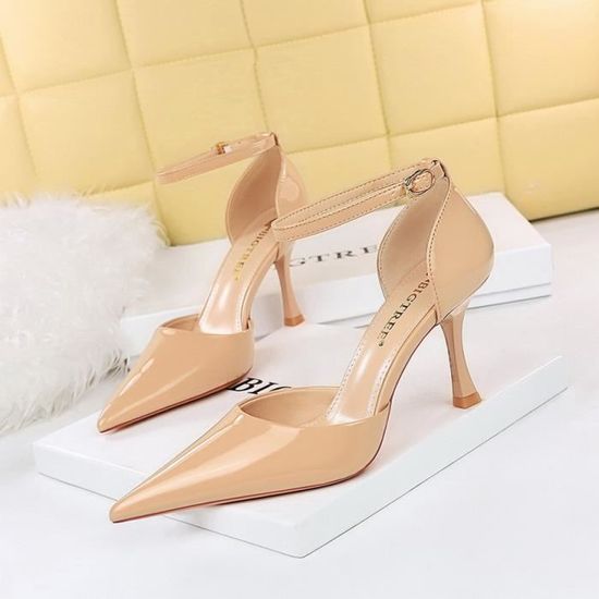 Escarpin Femme - Beige - Talon Aiguille - Bout Pointu - Cuir Verni ...