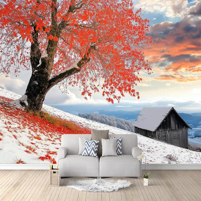 Papier Peint Panoramique Paysage Arbres Cabane Rouge Blanc 300 X 210 Cm ...