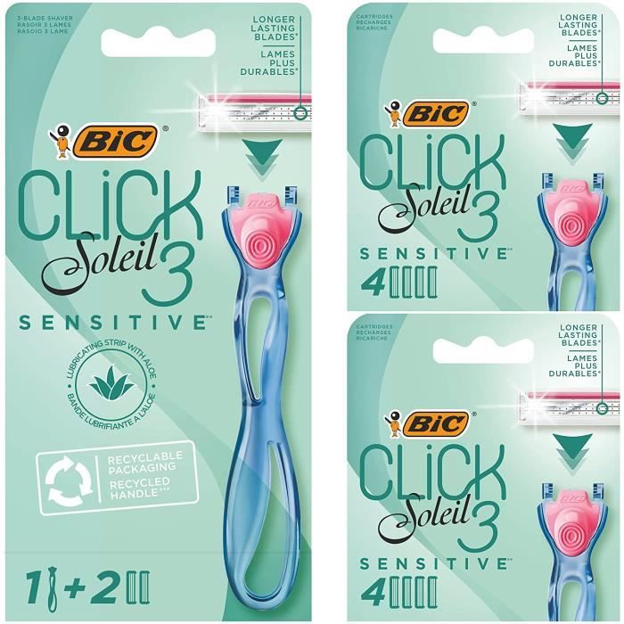 BIC Click 3 Soleil Sensitive Rasoir Rechargeable Femme, Manche 30 % ...
